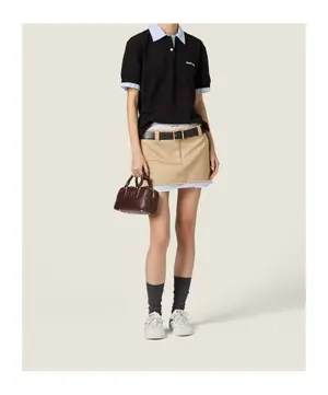 Miu Miu Short Sleeve Embroidered Logo Polo Shirt - Black