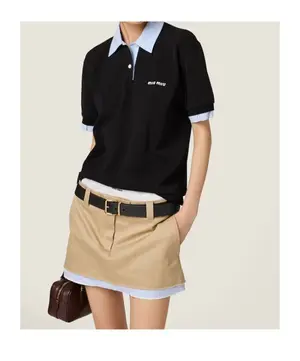 Miu Miu Short Sleeve Embroidered Logo Polo Shirt - Black