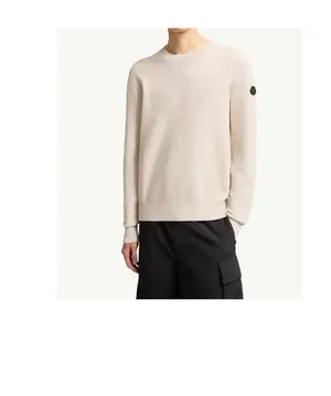 Moncler Cotton Knit Crewneck Sweater With Tricolor Detailing - Beige