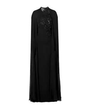 Elie Saab Stand Collar Maxi Dress With Sheer Cape Sleeves And Floral Appliqu