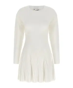 Elisabetta Franchi Ribbed Knit Pleated Dress - White