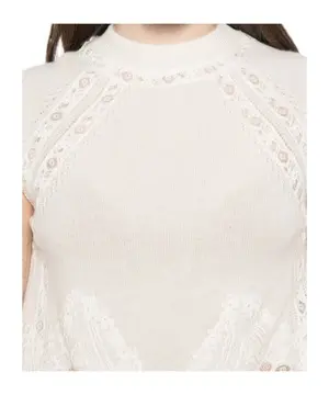 Ermanno Scervino Lace Trim High Neck Short Sleeve Top - White