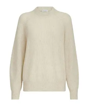 Brunello Cucinelli Mohair, Cotton And Wool Diamond Yarn English Rib Sweater - Ivory