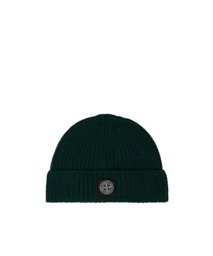 Stone Island Ribbed Knit Beanie With Compass Logo Patch - Dark Green