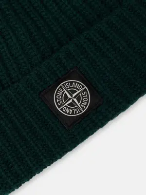Stone Island Ribbed Knit Beanie With Compass Logo Patch