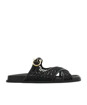 FERRAGAMO Gancini Buckle Crossover Slide - Black