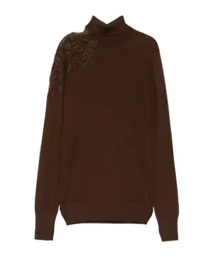 Ermanno Scervino Long-sleeved Lace-panelled High-neck Sweater - Brown