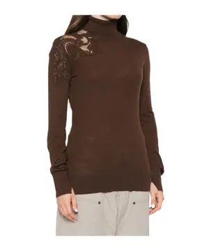 Ermanno Scervino Long-sleeved Lace-panelled High-neck Sweater - Brown