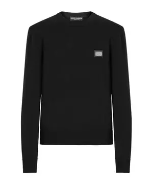 Dolce & Gabbana Wool Round-neck Sweater With Branded Plaque - Black