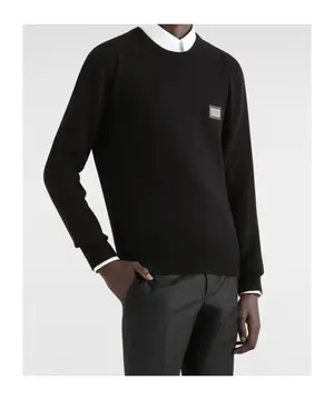 Dolce & Gabbana Wool Round-neck Sweater With Branded Plaque