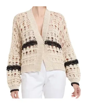 Brunello Cucinelli Long Sleeve Crochet Knit Cardigan With Contrast Detailing