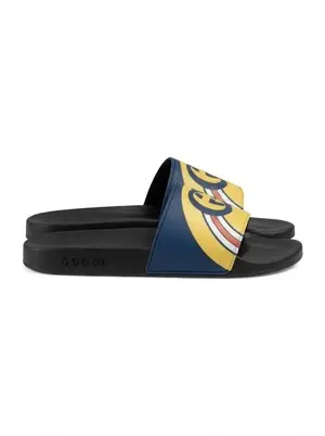Gucci Navy Blue And Pursuit Logo Slides - Black