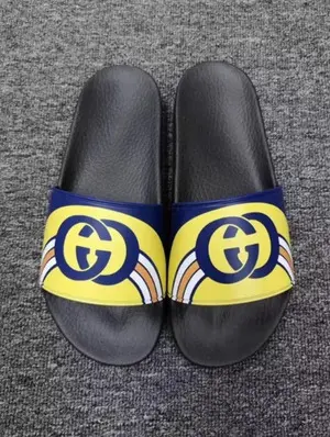 Gucci Navy Blue And Pursuit Logo Slides