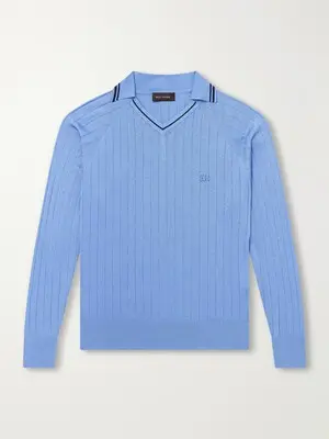 WALES BONNER Roots Logo-embroidered Knitted Polo Shirt - Blue