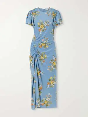VERONICA BEARD Huntleigh Gathered Floral-print Silk-blend Satin Midi Dress - Blue