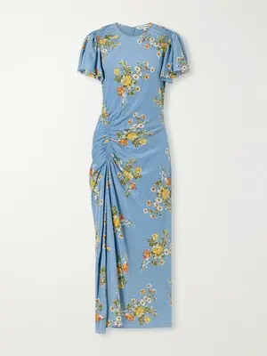 Veronica Beard Huntleigh Floral-print Gathered Silk-blend Satin Midi Dress