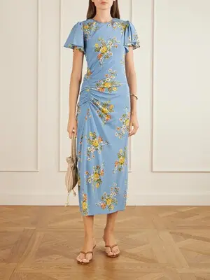 Veronica Beard Huntleigh Floral-print Gathered Silk-blend Satin Midi Dress