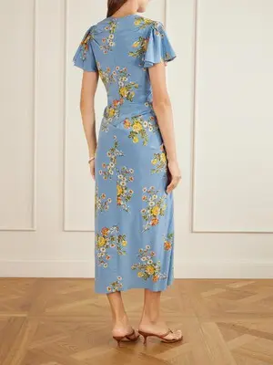 Veronica Beard Huntleigh Floral-print Gathered Silk-blend Satin Midi Dress