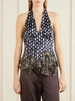 Staud Maeva Ruffled Printed Silk-blend Halterneck Top
