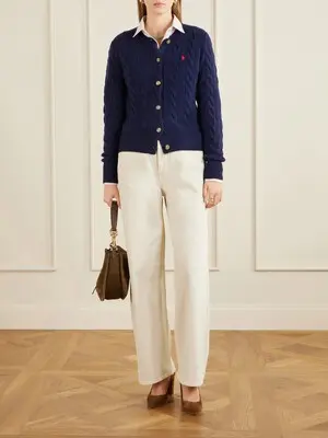 Polo Ralph Lauren Wool And Cashmere-blend Cable Knit Cardigan With Embroidered Logo - Blue