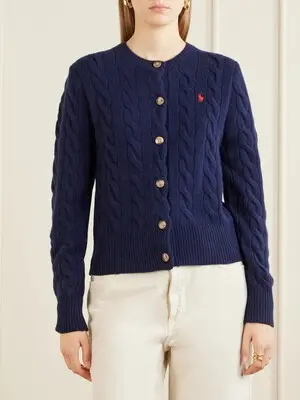 Polo Ralph Lauren Wool And Cashmere-blend Cable Knit Cardigan With Embroidered Logo - Blue