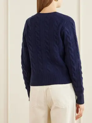 Polo Ralph Lauren Wool And Cashmere-blend Cable Knit Cardigan With Embroidered Logo - Blue