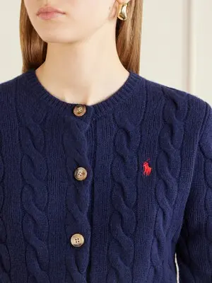 Polo Ralph Lauren Wool And Cashmere-blend Cable Knit Cardigan With Embroidered Logo - Blue