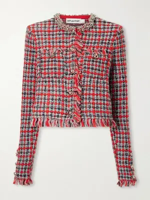 SELF-PORTRAIT Embellished Cotton And Wool-blend Bouclé-knit Cropped Jacket With Frayed Edges - Red