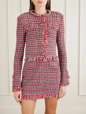 SELF-PORTRAIT Embellished Cotton And Wool-blend Bouclé-knit Cropped Jacket With Frayed Edges