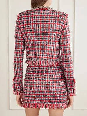 SELF-PORTRAIT Embellished Cotton And Wool-blend Bouclé-knit Cropped Jacket With Frayed Edges