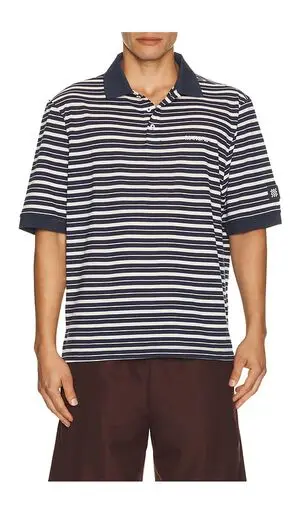 MANORS Goat Pique Stripe Polo - Navy