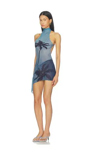 1XBLUE Palm Twist Back Mini Dress