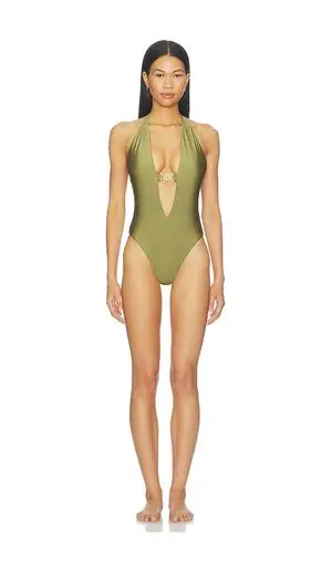 RUNAWAY THE LABEL Deep-v Halterneck One-piece Swimsuit - Olive