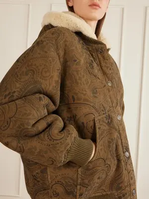 Etro Printed Suede Shearling Hooded Jacket - Green
