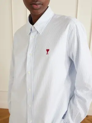 AMI Paris Embroidered Striped Cotton Oxford Shirt