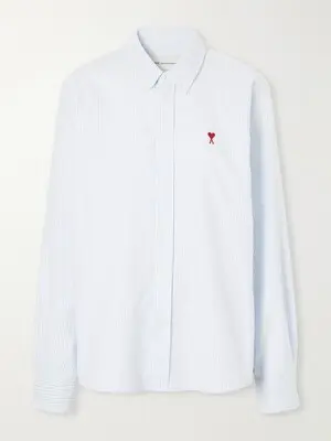 AMI Paris Embroidered Striped Cotton Oxford Shirt - Blue