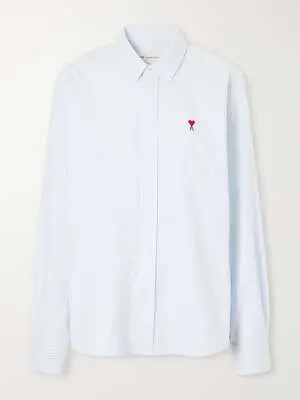 AMI Paris Embroidered Striped Cotton Oxford Shirt - Light Blue
