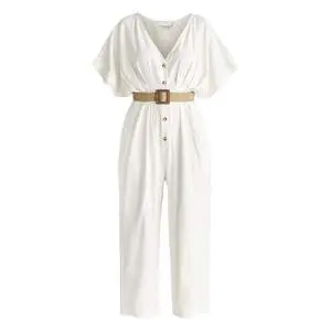 PAISIE Linen Blend Button Jumpsuit - White