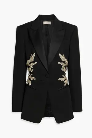 Alexander McQueen Embellished Pleated Grain De Poudre Wool Blazer - Black