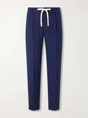 Eleventy Straight-leg Lyocell And Linen-blend Trousers - Navy
