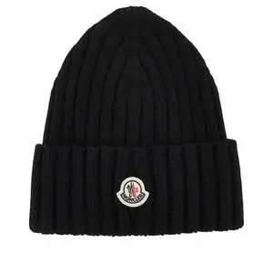 Moncler Wool Beanie Hat With Logo Patch - Black