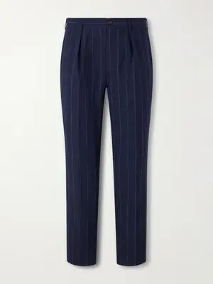 DRAKE'S Games Straight-leg Pinstriped Cotton And Linen-blend Suit Trousers - Blue