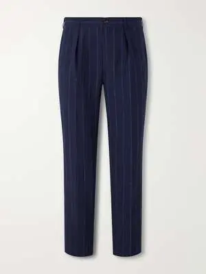 DRAKE'S Games Straight-leg Pinstriped Cotton And Linen-blend Suit Trousers - Navy