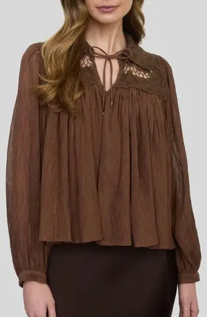 ZOE AND CLAIRE Lace Detail Tie Neck Top - Brown