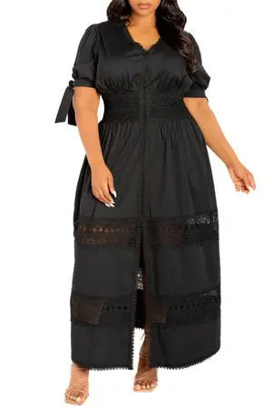 BUXOM COUTURE Puff Sleeve Lace Maxi Dress - Black