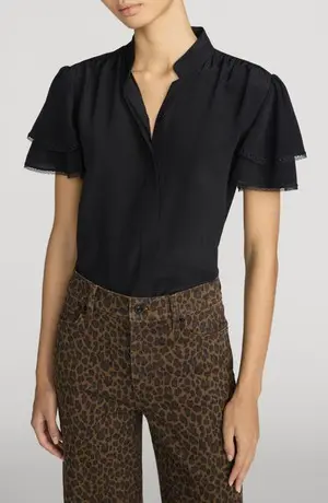 FRAME Arcadia Layered Ruffle Silk Top - Black