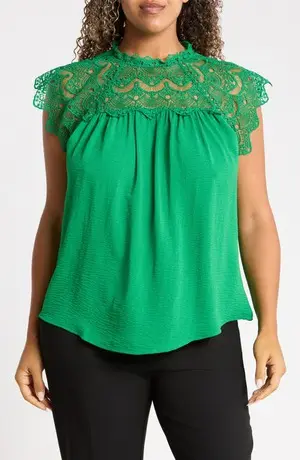 RAIN AND ROSE Lace Yoke Flutter Top