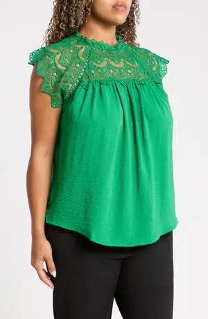 RAIN AND ROSE Lace Yoke Flutter Top