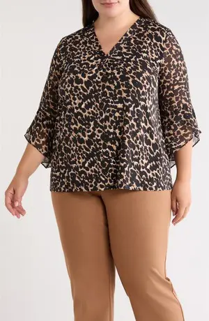 Anne Klein Mixed Media Split Neck Top - Vicuna Multi