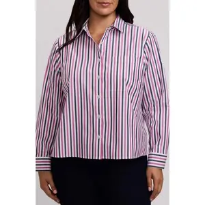 Foxcroft Jodie Striped Cotton Button-up Shirt - Pomegranate Red/multi